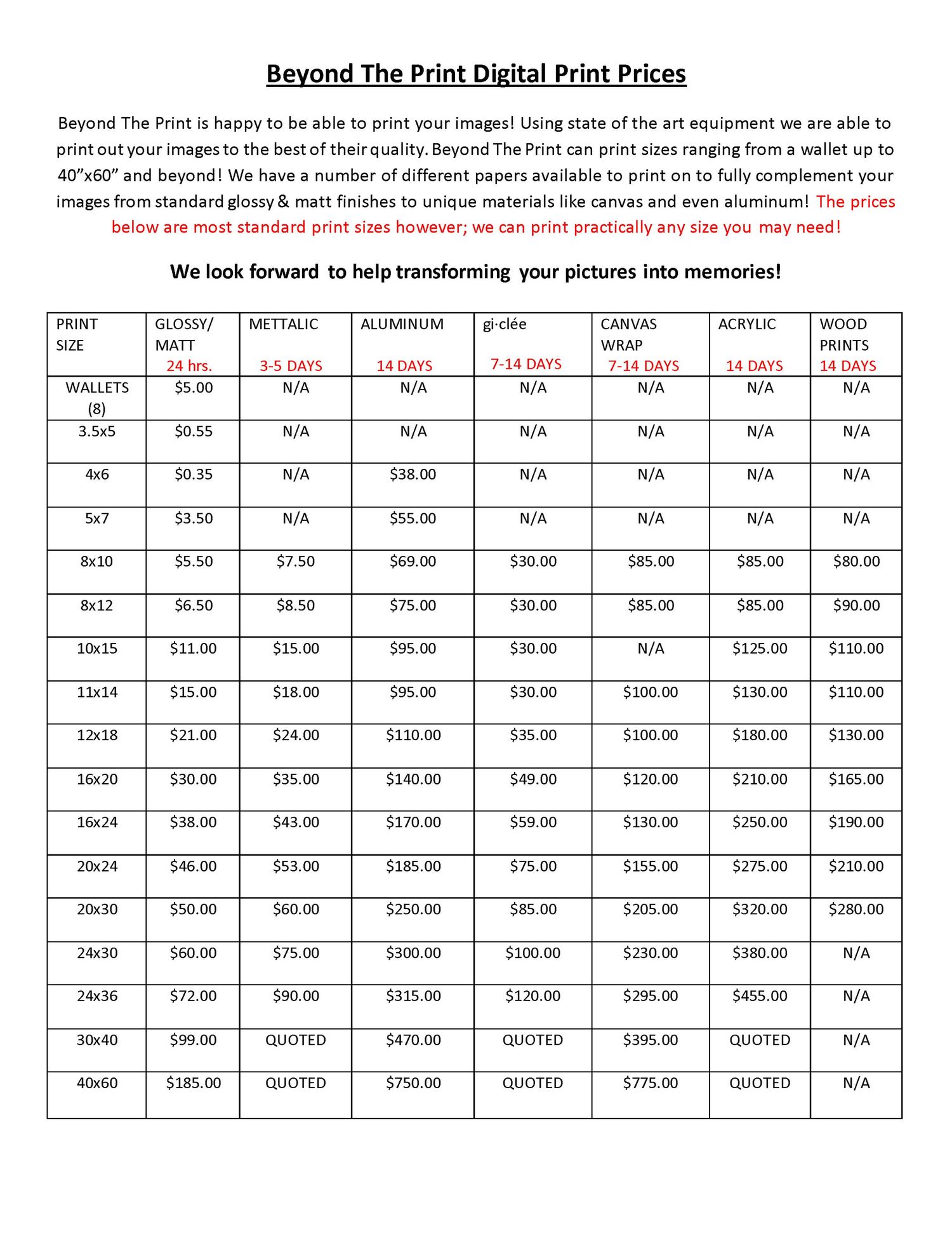 Digitial Print Prices - Beyond The Print